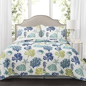 lush decor coastal reef 3 piece quilt set, king, navy & blue