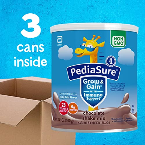 PediaSure Grow & Gain with Immune Support Shake Mix Powder,Kids Shake,23 Vitamins and Minerals,6g Protein,Helps Kids Catch Up On Growth,Non-GMO,Gluten-No,Chocolate,14.1-oz Can,3 Cans—24 Servings