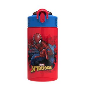 zak designs marvel spiderman kids spout cover and built-in carrying loop made of plastic, leak-proof water bottle design (bpa-free), red, 16oz