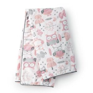 Levtex Baby - Night Owl Pink Plush Blanket - Tossed Owls and Trees on Soft Plush with RIC Rac Trim - Pink, Grey, White - Nursery Accessories - Blanket Size: 30 x 40 in.