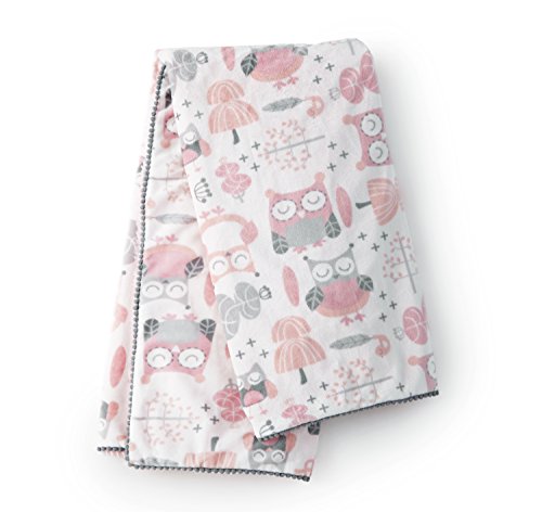 Levtex Baby - Night Owl Pink Plush Blanket - Tossed Owls and Trees on Soft Plush with RIC Rac Trim - Pink, Grey, White - Nursery Accessories - Blanket Size: 30 x 40 in.