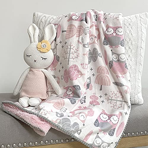 Levtex Baby - Night Owl Pink Plush Blanket - Tossed Owls and Trees on Soft Plush with RIC Rac Trim - Pink, Grey, White - Nursery Accessories - Blanket Size: 30 x 40 in.