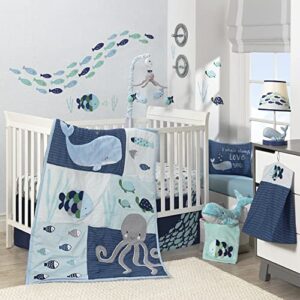 lambs & ivy oceania 6-piece baby crib bedding set - blue ocean, nautical, aquatic, whale, octopus theme