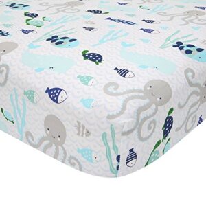 lambs & ivy oceania 100% cotton fitted crib sheet - white with blue nautical/aquatic fish and octopus