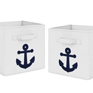 Sweet Jojo Designs Navy Blue Nautical Anchor Foldable Fabric Storage Cube Bins Boxes Organizer Toys Kids Baby Childrens for Anchors Away Collection Set of 2