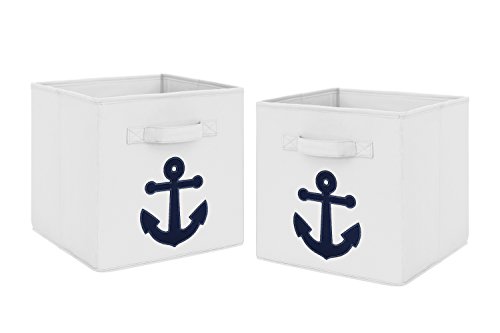 Sweet Jojo Designs Navy Blue Nautical Anchor Foldable Fabric Storage Cube Bins Boxes Organizer Toys Kids Baby Childrens for Anchors Away Collection Set of 2