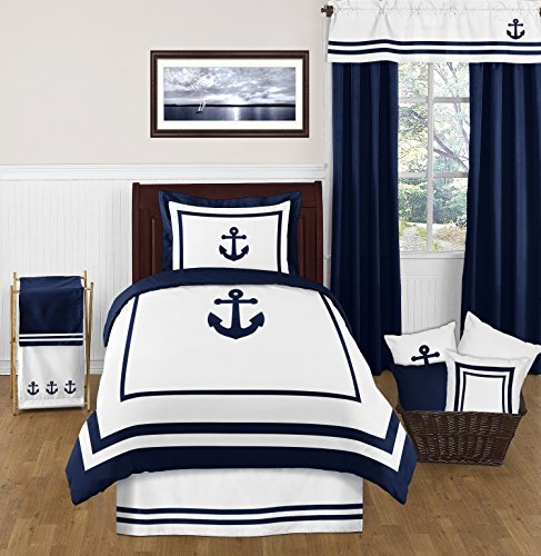 Sweet Jojo Designs Navy Blue Nautical Anchor Foldable Fabric Storage Cube Bins Boxes Organizer Toys Kids Baby Childrens for Anchors Away Collection Set of 2