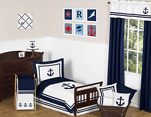 Sweet Jojo Designs Navy Blue Nautical Anchor Foldable Fabric Storage Cube Bins Boxes Organizer Toys Kids Baby Childrens for Anchors Away Collection Set of 2