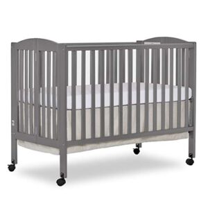 dream on me full size 2-in-1 folding stationary side crib in steel grey, locking wheels, folds flat for storage, comes with teething guard, non-toxic finish