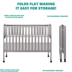 Dream On Me Full Size 2-in-1 Folding Stationary Side Crib in Steel Grey, Locking Wheels, Folds Flat for Storage, Comes with Teething Guard, Non-Toxic Finish