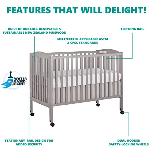 Dream On Me Full Size 2-in-1 Folding Stationary Side Crib in Steel Grey, Locking Wheels, Folds Flat for Storage, Comes with Teething Guard, Non-Toxic Finish