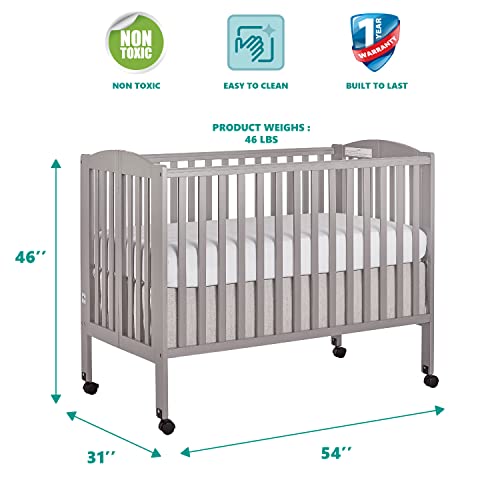 Dream On Me Full Size 2-in-1 Folding Stationary Side Crib in Steel Grey, Locking Wheels, Folds Flat for Storage, Comes with Teething Guard, Non-Toxic Finish