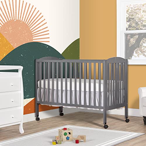 Dream On Me Full Size 2-in-1 Folding Stationary Side Crib in Steel Grey, Locking Wheels, Folds Flat for Storage, Comes with Teething Guard, Non-Toxic Finish