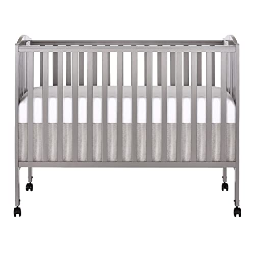 Dream On Me Full Size 2-in-1 Folding Stationary Side Crib in Steel Grey, Locking Wheels, Folds Flat for Storage, Comes with Teething Guard, Non-Toxic Finish