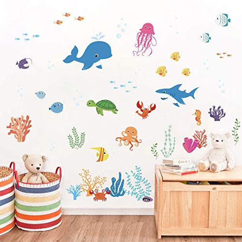 decalmile Under The Sea Dolphin Fish Wall Decals Vinyl Peel and Stick Kids Room Wall Stickers Baby Nursery Childrens Bedroom Bathroom Wall Decor