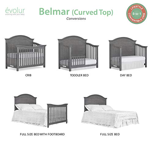 Evolur Belmar Curve 5-in-1 Convertible Crib in Rustic Grey, Greenguard Gold Certified, Features 3 Mattress Height Settings, Crafted from Hardwood, Wooden Nursery Furniture