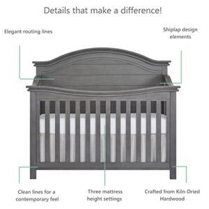 Evolur Belmar Curve 5-in-1 Convertible Crib in Rustic Grey, Greenguard Gold Certified, Features 3 Mattress Height Settings, Crafted from Hardwood, Wooden Nursery Furniture