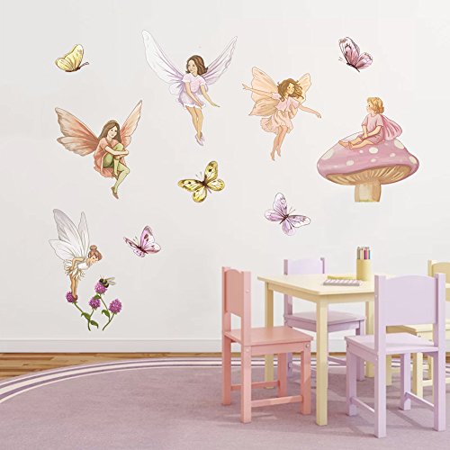 DecalMile Fairies with Wings Wall Decals Mushroom Wall Stickers Girls Room Baby Nursery Daycare Wall Decor