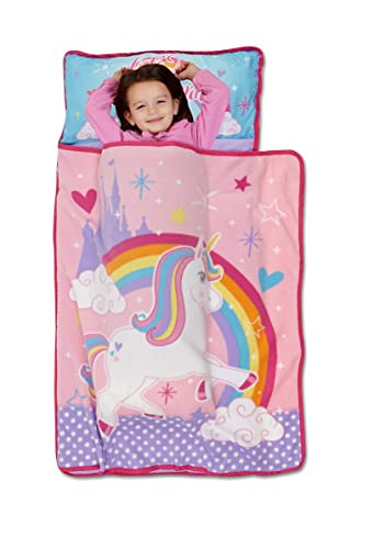 Funhouse Unicorn Kids Nap-Mat Set – Includes Pillow and Fleece Blanket – Great for Girls Napping during Daycare or Preschool - Fits Toddlers, Pink