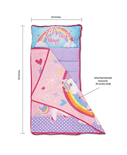 Funhouse Unicorn Kids Nap-Mat Set – Includes Pillow and Fleece Blanket – Great for Girls Napping during Daycare or Preschool - Fits Toddlers, Pink