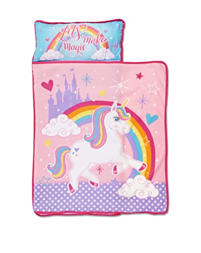 Funhouse Unicorn Kids Nap-Mat Set – Includes Pillow and Fleece Blanket – Great for Girls Napping during Daycare or Preschool - Fits Toddlers, Pink