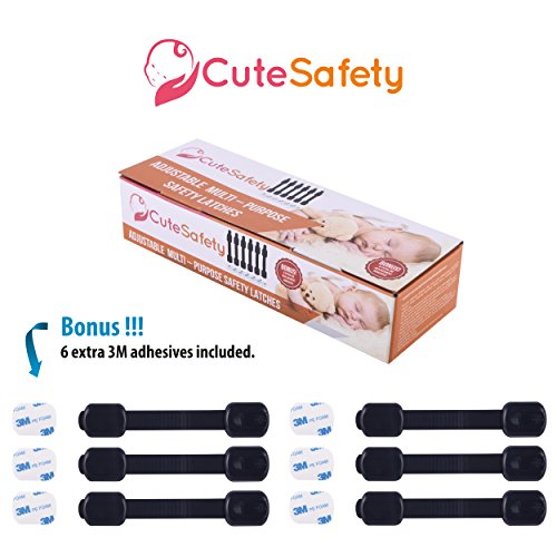 CUTESAFETY Child Proof Safety Locks - Baby Proofing Cabinet Lock with 6 Extra 3M Adhesives - Adjustable Strap Latches to Cabinets,Drawers,Cupboard,Oven,Fridge,Closet Seat,Door,Window (Black, 6)