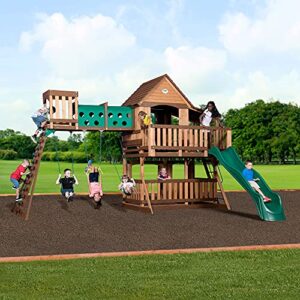 backyard discovery woodridge elite all cedar wood swing set, upper and lower deck, sandbox, vented tunnel, rock climbing wall, coated rope belted swings, acrobat bar, bench seating, 10 ft slide