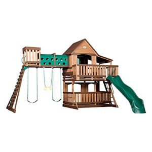 Backyard Discovery Woodridge Elite All Cedar Wood Swing Set, Upper and Lower Deck, Sandbox, Vented Tunnel, Rock Climbing Wall, Coated Rope Belted Swings, Acrobat Bar, Bench Seating, 10 ft Slide