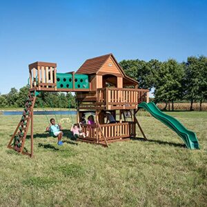 Backyard Discovery Woodridge Elite All Cedar Wood Swing Set, Upper and Lower Deck, Sandbox, Vented Tunnel, Rock Climbing Wall, Coated Rope Belted Swings, Acrobat Bar, Bench Seating, 10 ft Slide