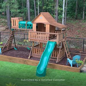 Backyard Discovery Woodridge Elite All Cedar Wood Swing Set, Upper and Lower Deck, Sandbox, Vented Tunnel, Rock Climbing Wall, Coated Rope Belted Swings, Acrobat Bar, Bench Seating, 10 ft Slide