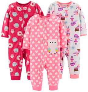 simple joys by carter's baby girls' loose-fit fleece footless pajamas, pack of 3, superhero/donut/owl, 24 months