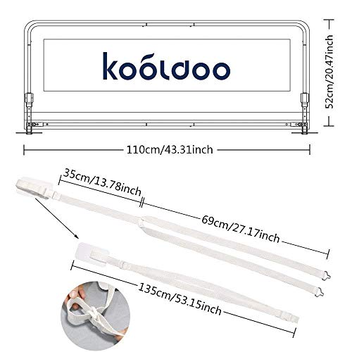 KOOLDOO Bed Rail for Toddlers, Fold Down Tall Bed Rail Guards with NBR Foam and 1Piece Seat Belt for Kids,Fits Twin, Double, Full, Queen Size Bed(43" L*22.8" H, White)