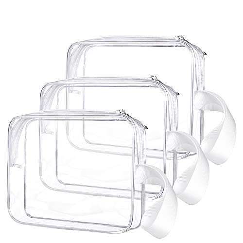 Sariok 3pcs/pack Clear Toiletry Bag with Zipper TSA Approved Travel Cosmetic Bag PVC Make-up Pouch Handle Straps for Women Men, Carry On Airport Airline Compliant Quart Bags 3-1-1 Kit Luggage