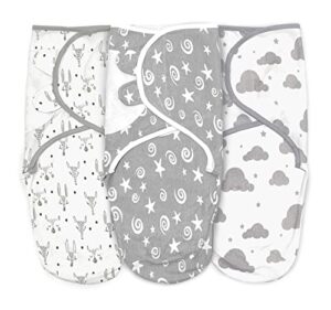 100% organic cotton swaddle blanket baby girl boy infant sleep sack wrap, adjustable infant swaddle wrap newborn babies small 0-3 months. clouds, swirls, and sleepy animals. (neutral gray 3pk)