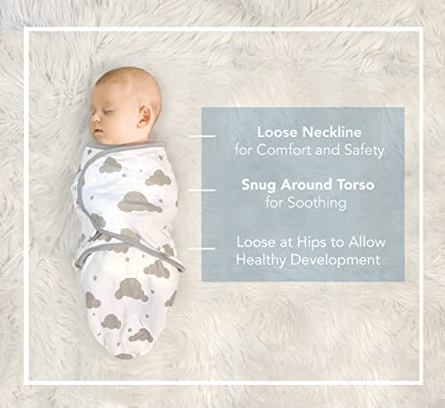 100% Organic Cotton Swaddle Blanket Baby Girl Boy Infant Sleep Sack Wrap, Adjustable Infant Swaddle Wrap Newborn Babies Small 0-3 Months. Clouds, Swirls, and Sleepy Animals. (Neutral Gray 3Pk)