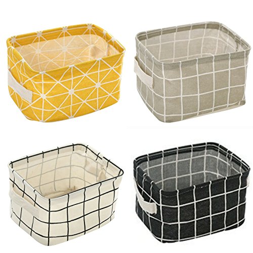 4 Pack Canvas Storage Basket Bins, Home Decor Organizers Bag for Adult Makeup, Baby Toys Liners, Books (4 Pack, Yellow Checks)