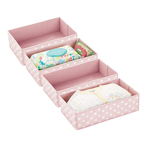 mDesign Fabric Drawer Organizer Bins, Kids/Baby Nursery Dresser, Closet, Shelf, Playroom Organization, Hold Clothes, Toys, Diapers, Bibs, Blankets, 4 Pack - Pink/White Polka Dot