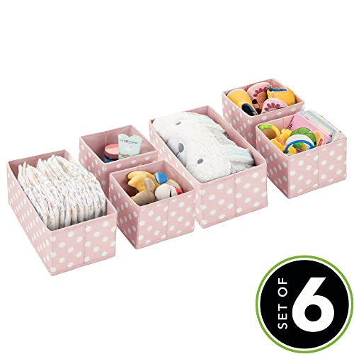 mDesign Fabric Drawer Divider Organizer Bin, Nursery/Bedroom Dresser, Closet, Shelf, Playroom Organization, Hold Clothes, Toys, Diapers, Bibs, Set of 3, 2 Pack, Pink/White Polka Dot