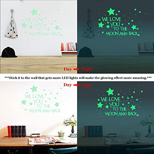 Nursery Wall Decals Glowing Words Stickers - WE Love You to The Moon and Back - Words Glow in The Dark with Stars Around Wallpaper for Kids Bedroom Ceiling