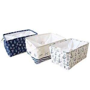 orino waterproof nursery nautical fabric large storage baskets with drawstring beach anchor theme collapsible storage bins mediterranean style for cloth, toys, books,sundries, set of 3(17.5x12x9) inch