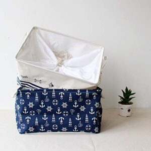 Orino Waterproof Nursery Nautical Fabric Large Storage Baskets with Drawstring Beach Anchor Theme Collapsible Storage Bins Mediterranean Style for cloth, toys, books,sundries, Set of 3(17.5x12x9) inch