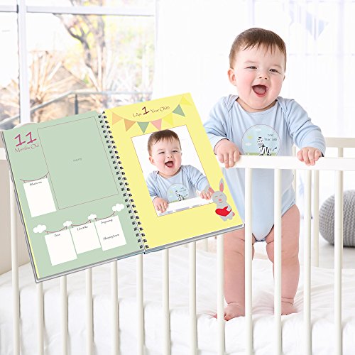 Baby Memory Book w/Keepsake Box & 30 Monthly & Baby First Milestone Stickers - Gender Neutral First Year Scrapbook Journal - Baby Photo Album for Boys & Girls