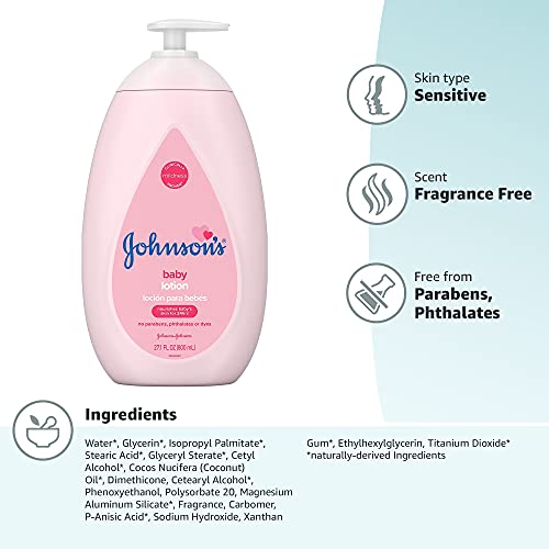 Johnson's Moisturizing Pink Baby Lotion with Coconut Oil, Hypoallergenic and Dermatologist-Tested, 27.1 fl. oz