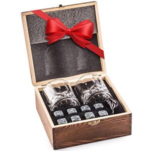 𝗕𝗘𝗦𝗧 𝗚𝗜𝗙𝗧: impressive whiskey stones gift set with 2 glasses - be different when choosing a gift - luxury box with 8 granite whiskey rocks, ice tongs - ice cubes reusable - best man gift