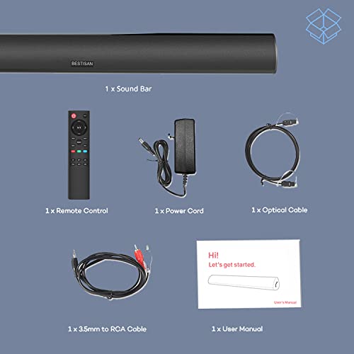 BESTISAN Sound bar, Soundbar Wired and Wireless Bluetooth 5.0 HDMI-ARC Speaker for TV (28 Inches, HDMI-ARC Connection, Optical Cable Included, DSP, Bass Adjustable, Wall Mountable)