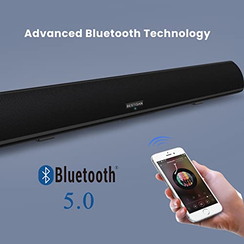 BESTISAN Sound bar, Soundbar Wired and Wireless Bluetooth 5.0 HDMI-ARC Speaker for TV (28 Inches, HDMI-ARC Connection, Optical Cable Included, DSP, Bass Adjustable, Wall Mountable)