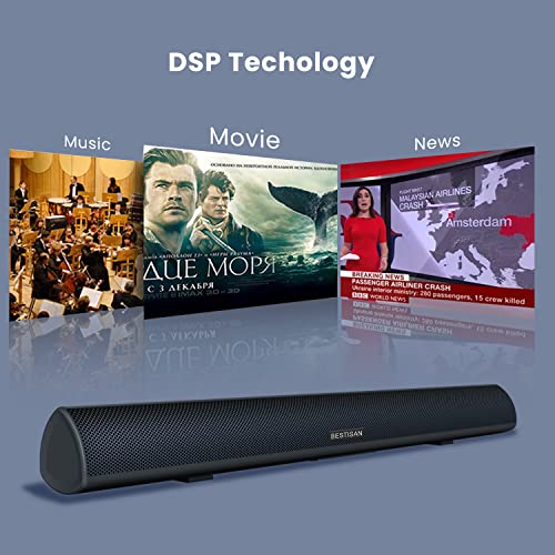 BESTISAN Sound bar, Soundbar Wired and Wireless Bluetooth 5.0 HDMI-ARC Speaker for TV (28 Inches, HDMI-ARC Connection, Optical Cable Included, DSP, Bass Adjustable, Wall Mountable)