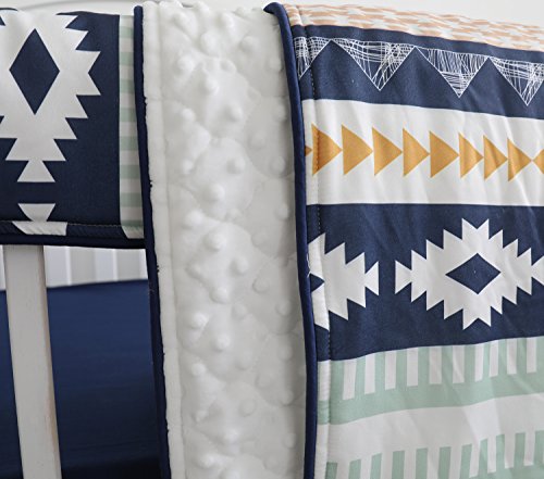 Baby Boy Crib Bedding Arizona Woodland Tribal Aztec Buck Nursery Crib Skirt Set Minky Blanket Navy Crib Sheet Crib Rail Bedding Set (Navy Aztec Buck, 3 Pieces Set)