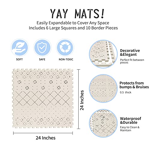 Yay Mats Stylish Extra Large Baby Play Mat. Soft, Thick, Non-Toxic Foam Covers 6 ft x 4 ft. Expandable Tiles with Edges Infants and Kids Playmat Tummy Time Mat (Carter Mudcloth Tan)