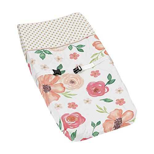 Sweet Jojo Designs Peach, Green and Gold Changing Pad Cover for Watercolor Floral Collection - Pink Rose Flower